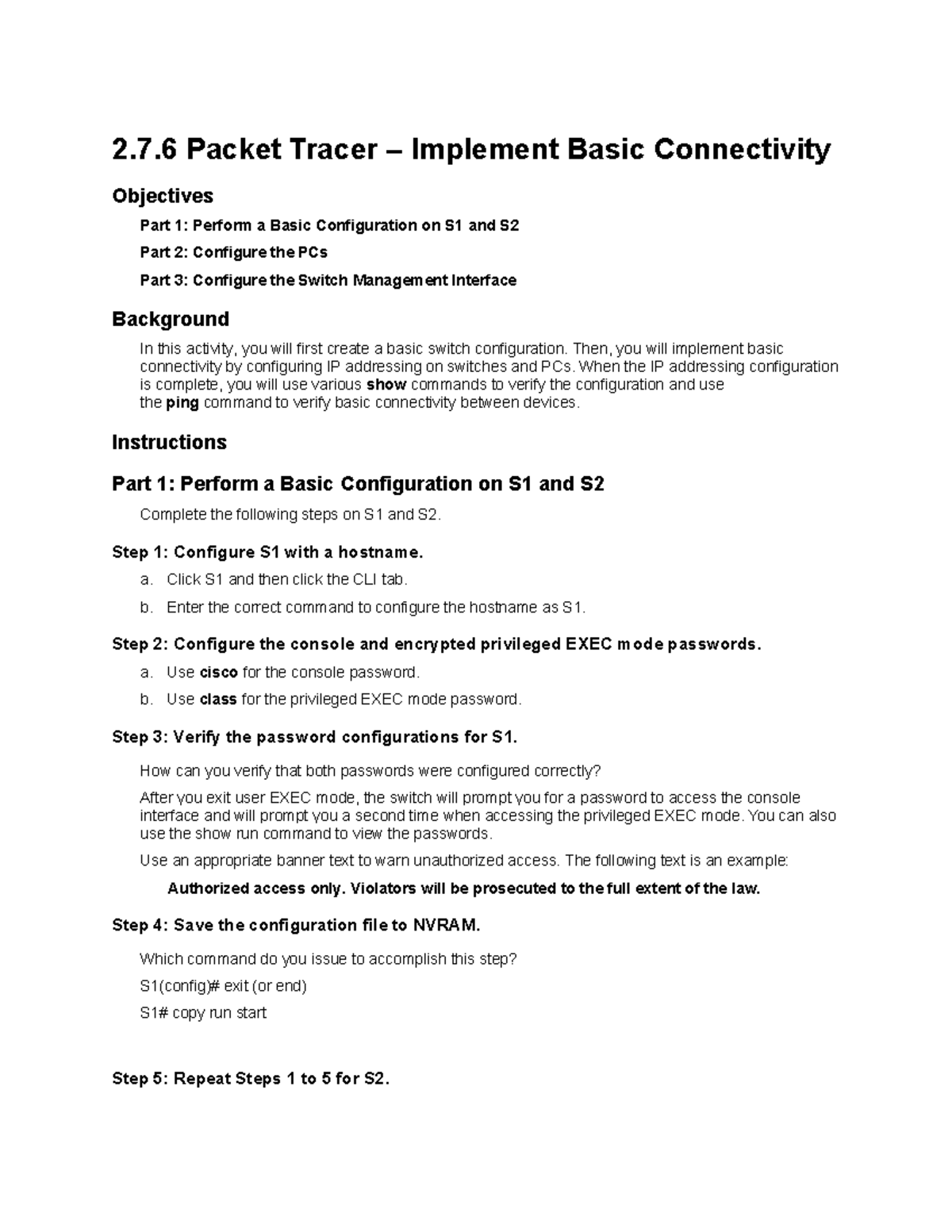 2.7.6 Packet Tracer – Implement Basic Connectivity - 2.7 Packet Tracer – Implement Basic - Studocu