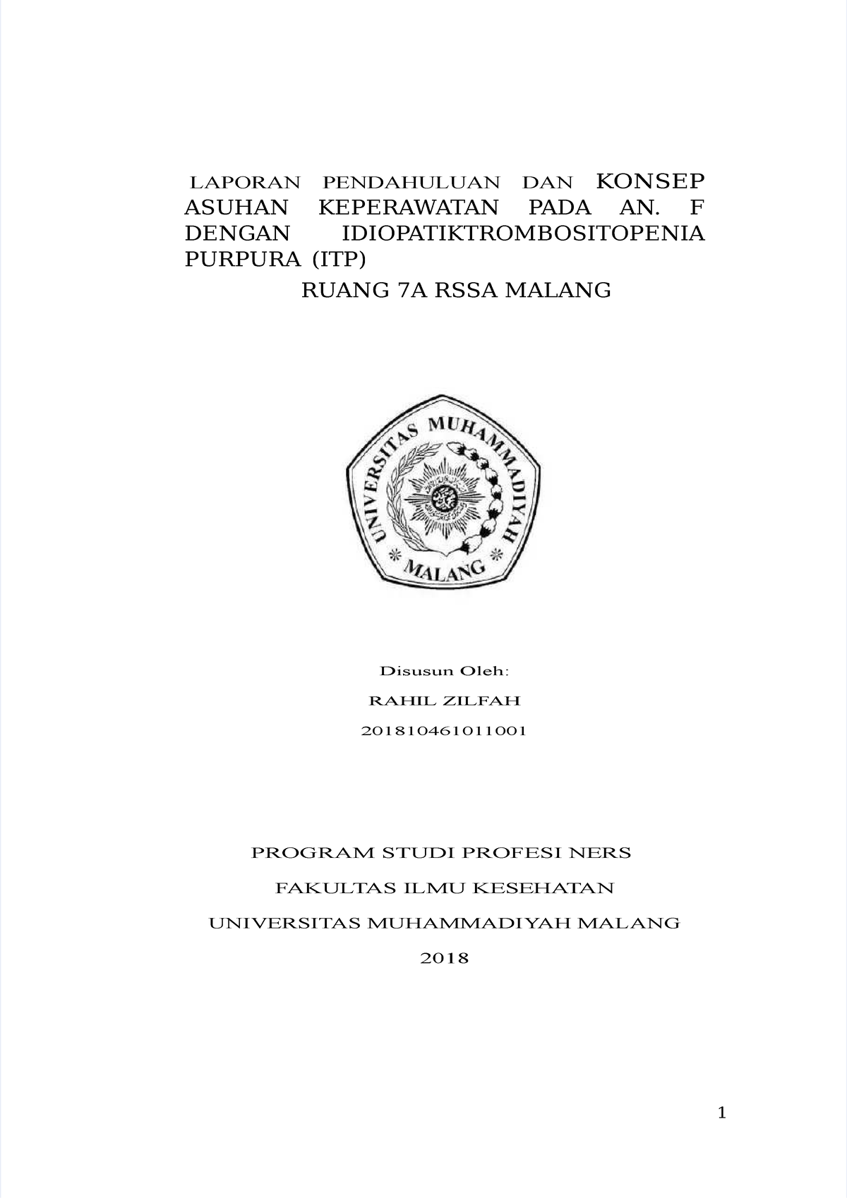 Pdf-lp-itp - ..... - LAPORAN PENDAHULUAN DAN KONSEP ASUHAN KEPERAWATAN PADA AN. F DENGAN - Studocu