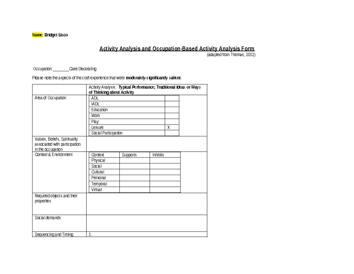 Craft Occupation-Based Activity Analysis-2 - Name: Bridget Sisco ...