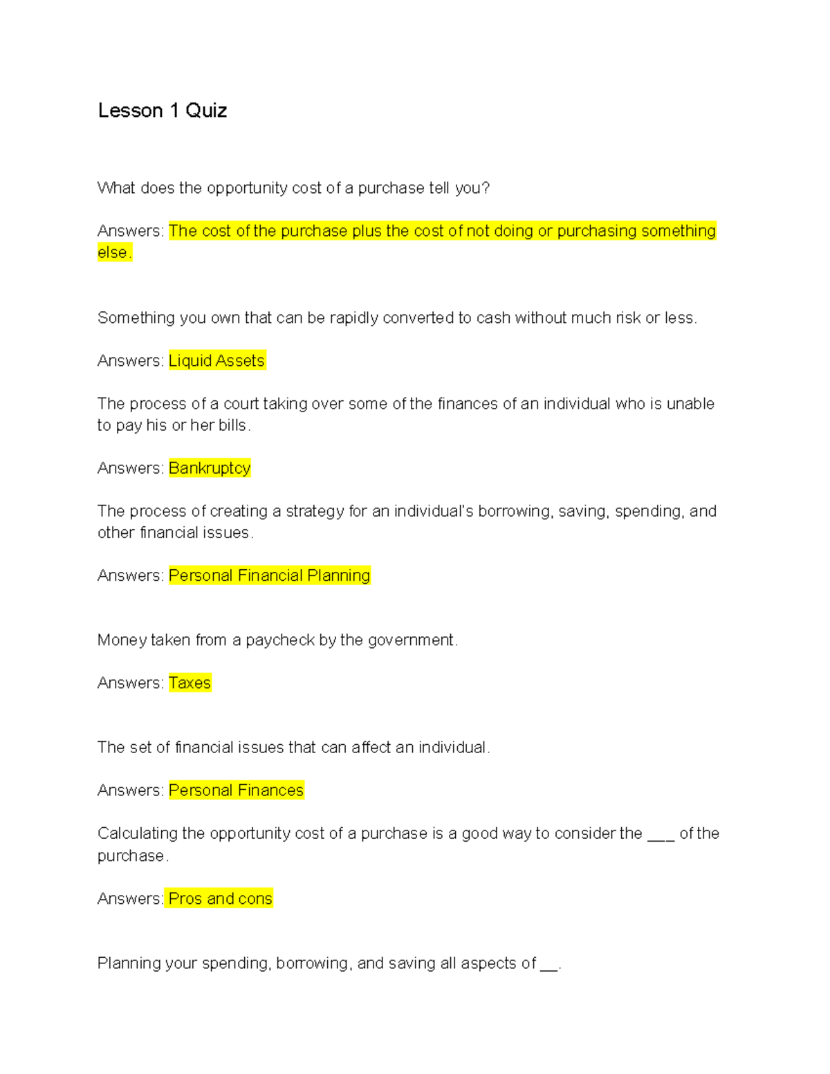 Lesson 1 Quiz - help you study for the test that might be coming up ...