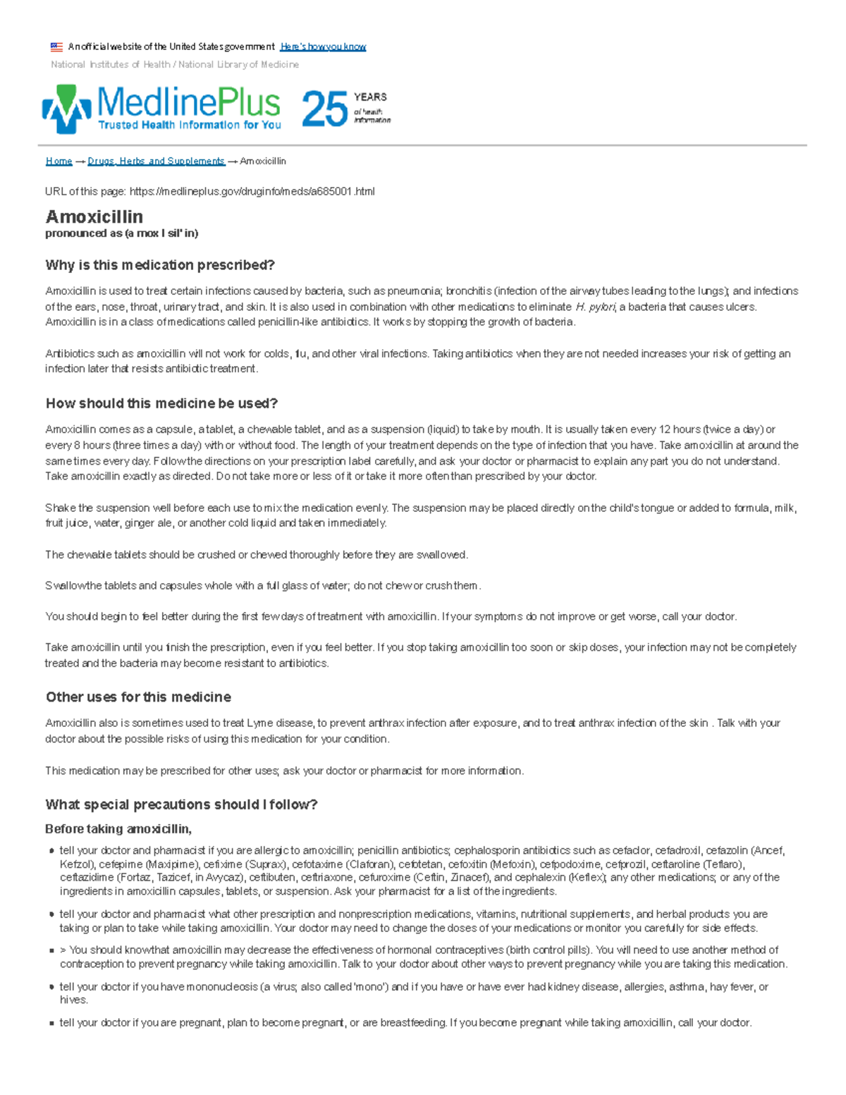 Amoxicillin Medline Plus Drug Information - Home → Drugs, Herbs and ...