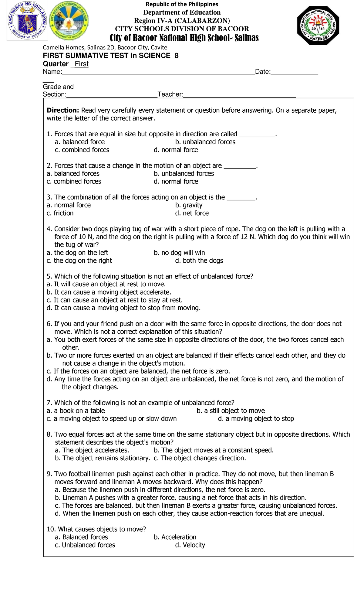 Summative TEST1 Science 8 - Republic of the Philippines Department of ...