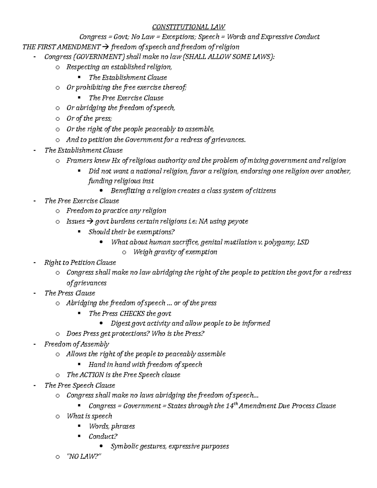 Constitutional Law I Outline - CONSTITUTIONAL LAW Congress = Govt; No ...