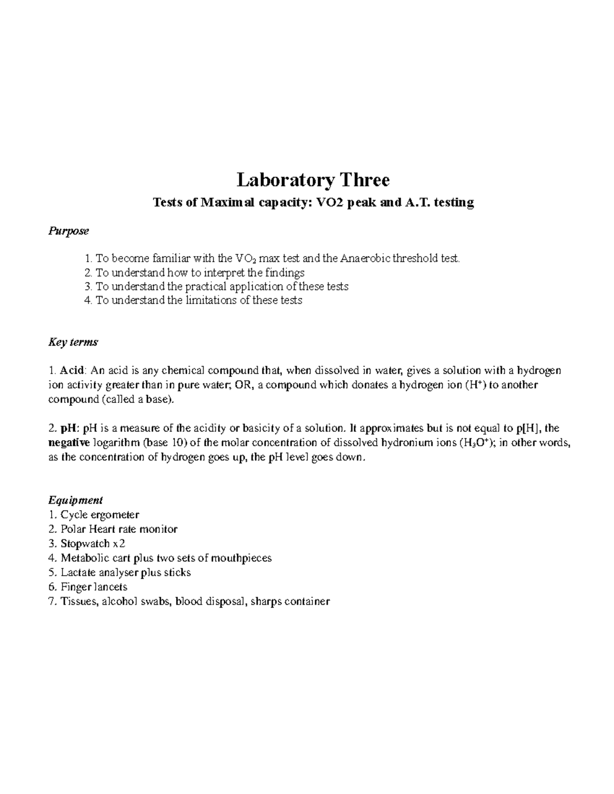 EXS 302 LAB 3 - Summary Exercise Physiology II - Laboratory Three Tests ...
