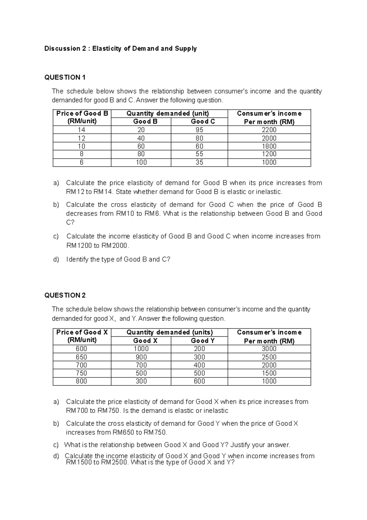 revision eco120 - Discussion 2 : Elasticity of Demand and Supply QUESTION 1 The schedule below ...