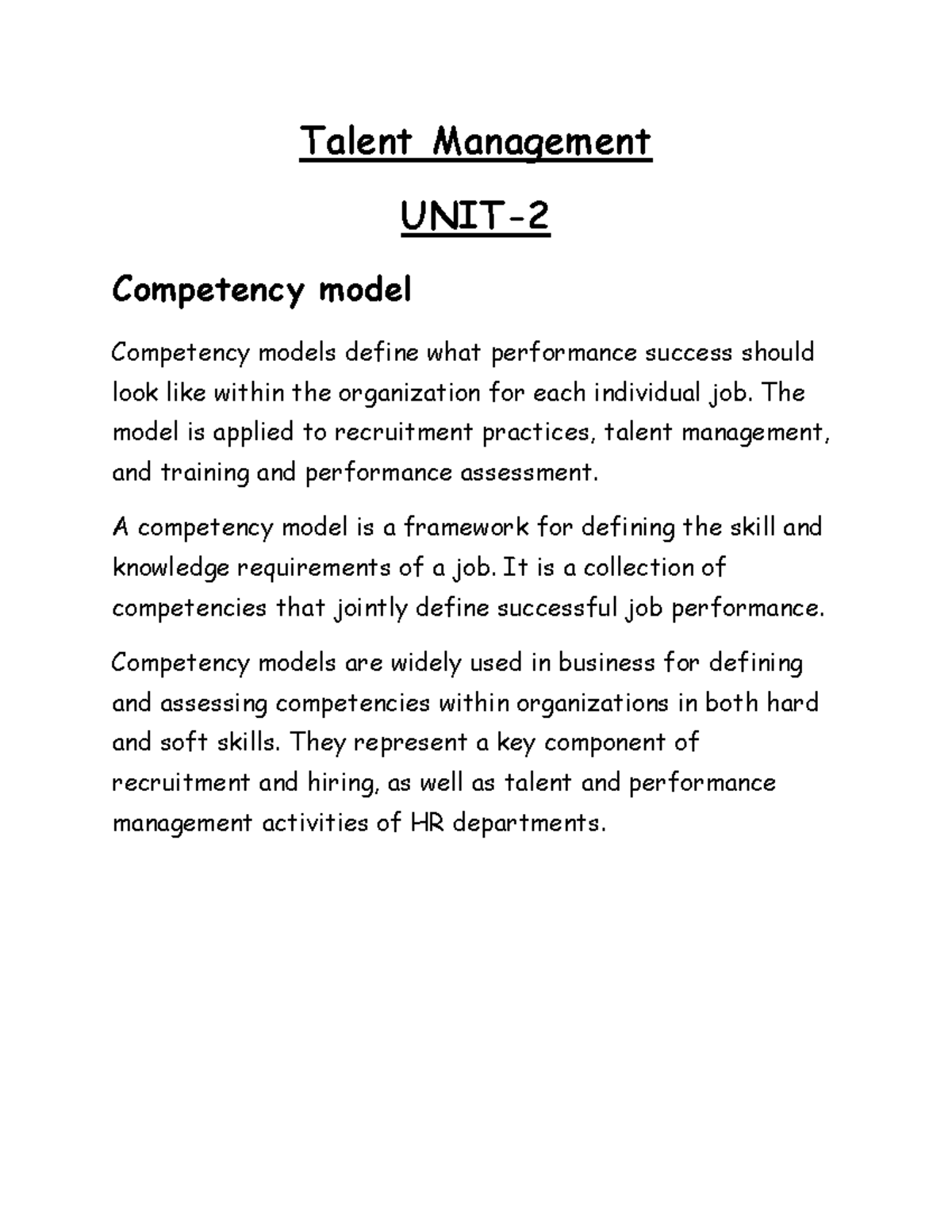 Talent Management unit 2 - Talent Management UNIT- Competency model ...