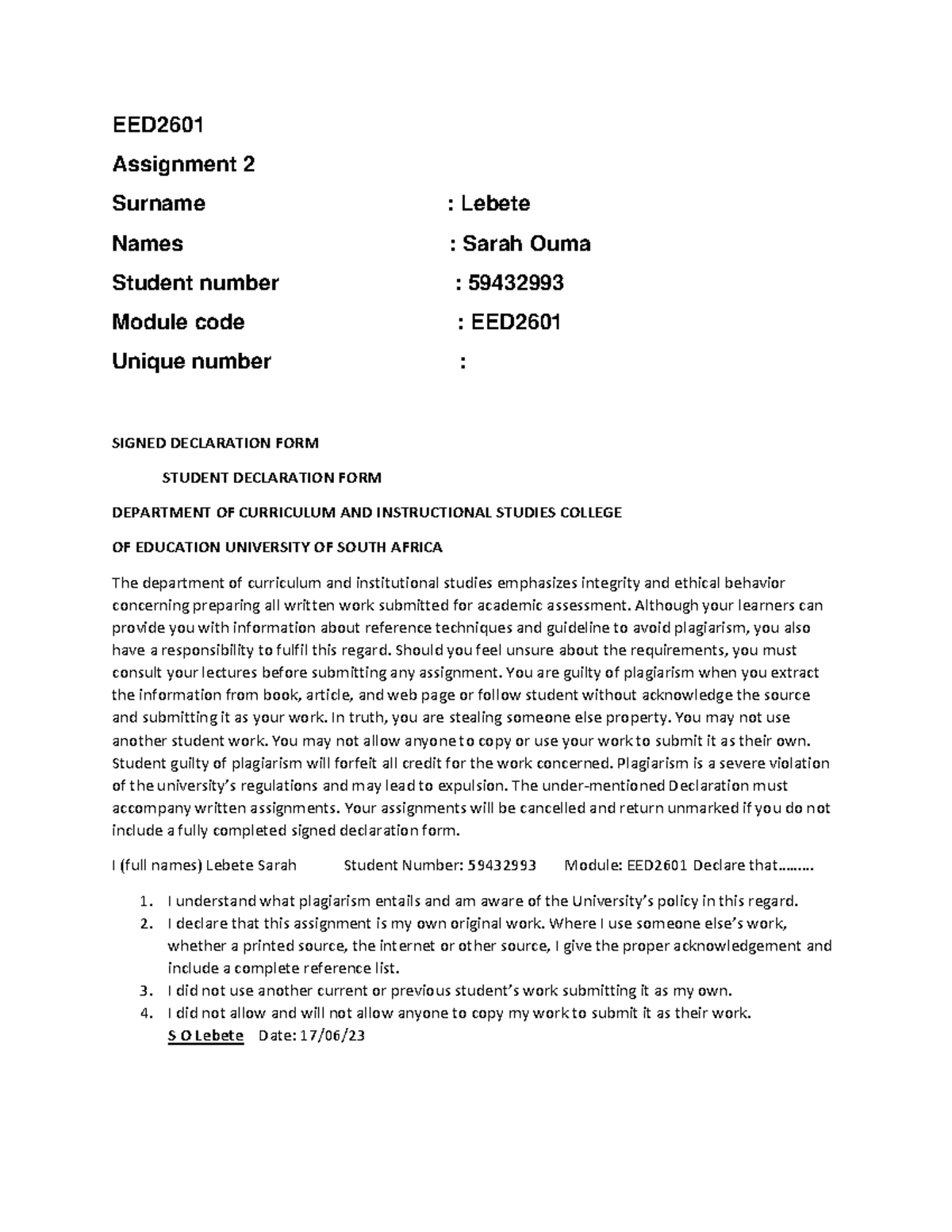 EED2601 asignment 2 - EED Assignment 2 Surname : Lebete Names : Sarah ...