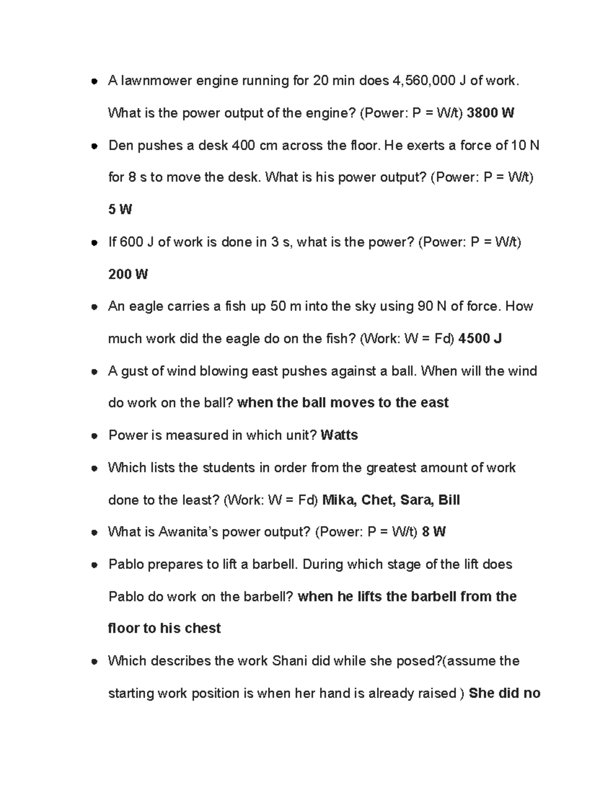 Work and Power Quiz - Here are some notes that you can use. - A ...