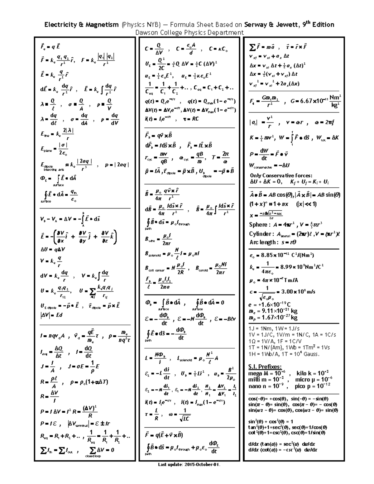 EM Formulas Serway Side 2015 10 01 1 - Electricity & Magnetism (Physics NYB) — Formula Sheet ...