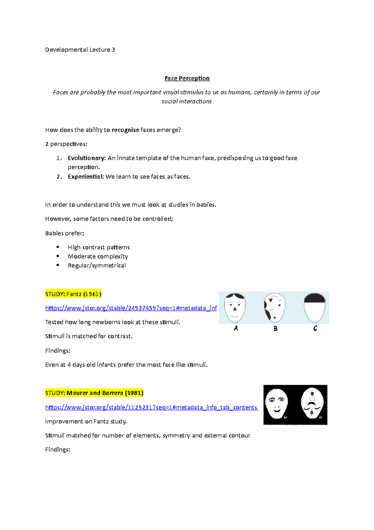Autumn, Lecture 3, Face Perception, PY2TA - Developmental Lecture 3 ...