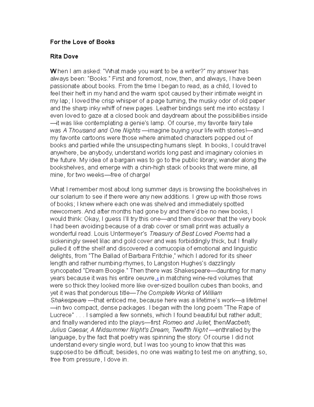 For the Love of Books by Rita Dove - For the Love of Books Rita Dove W ...