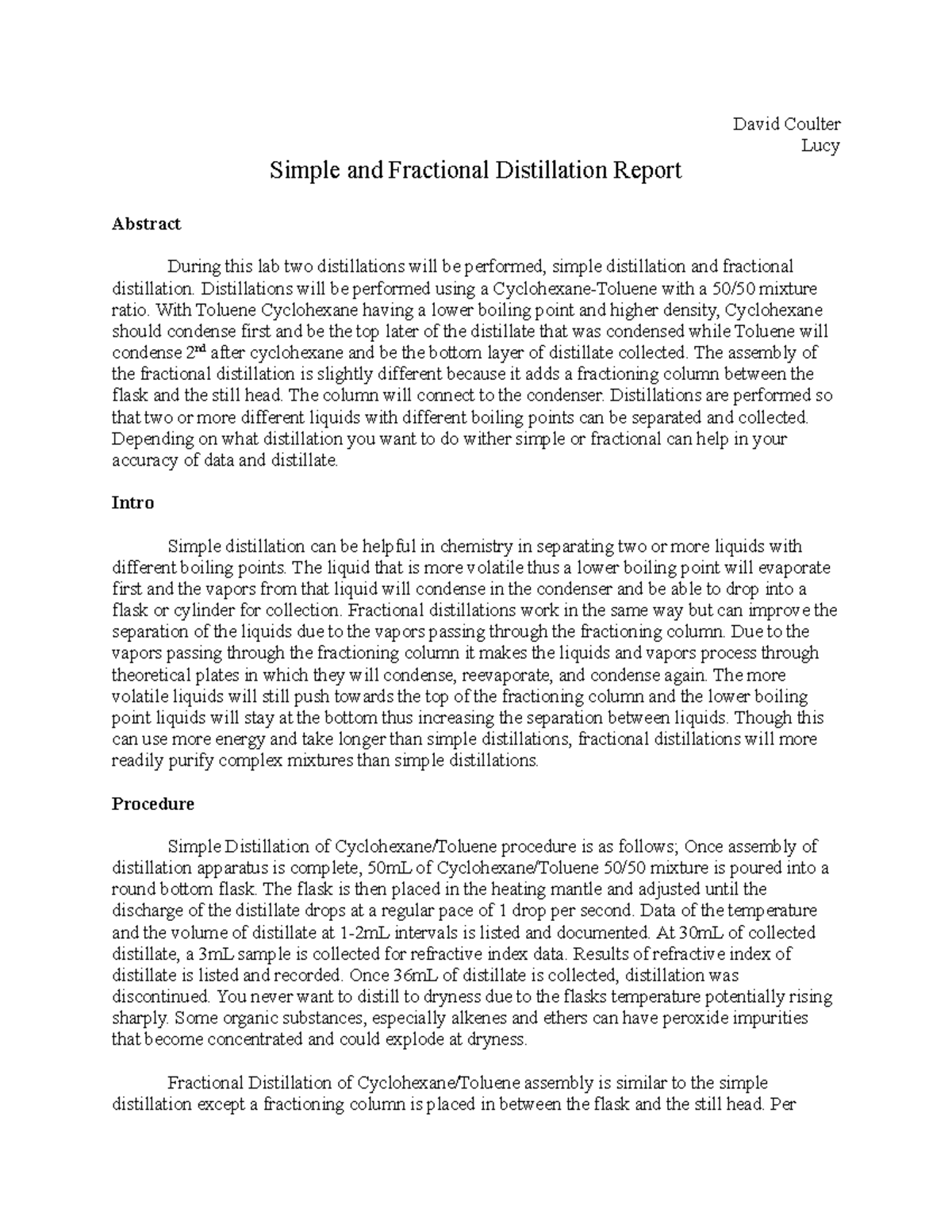 Organic Lab Distillation lab report - David Coulter Lucy Simple and ...