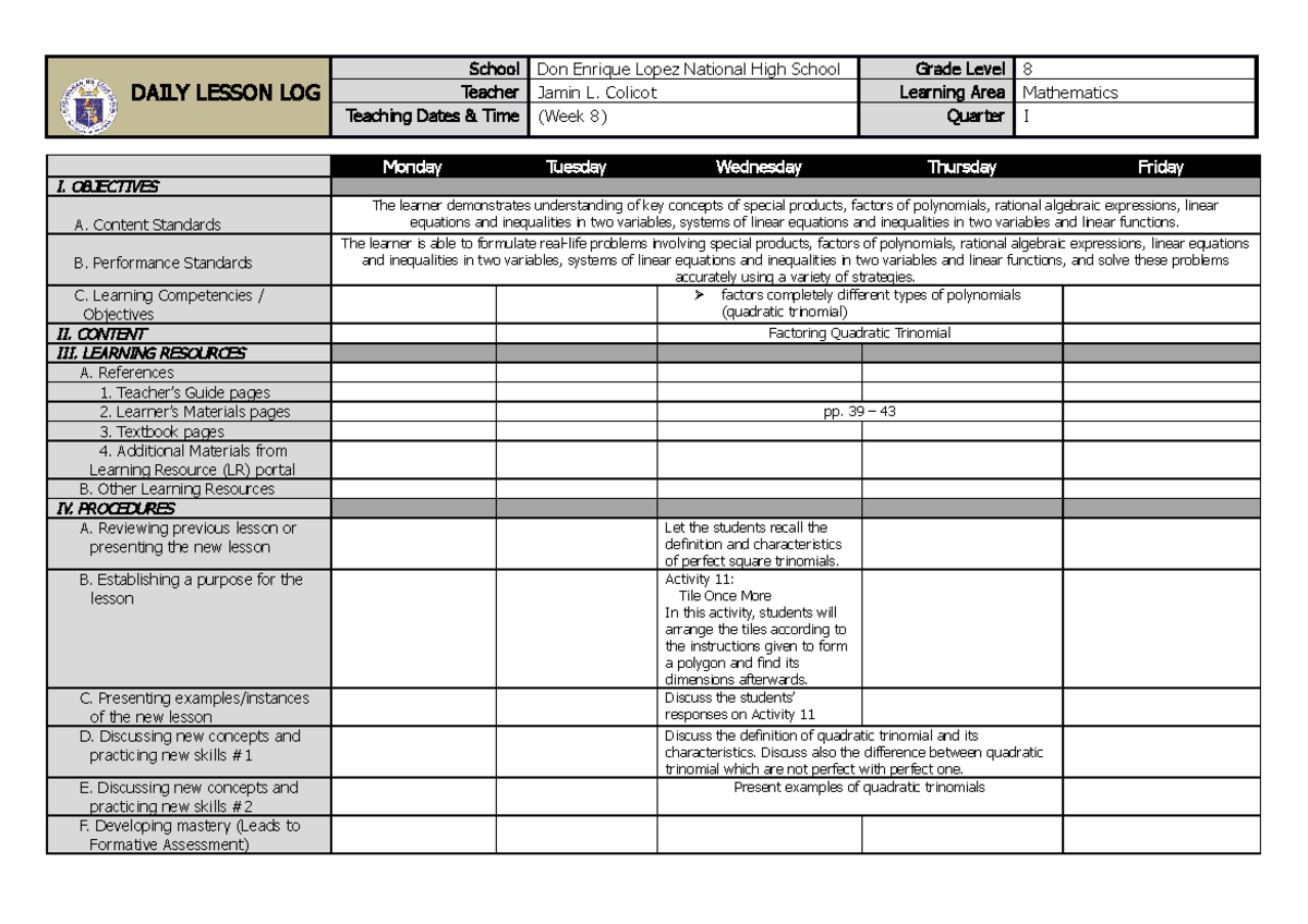 Sample-Grade-8-DLL-Q1W8 - DAILY LESSON LOG School Don Enrique Lopez ...