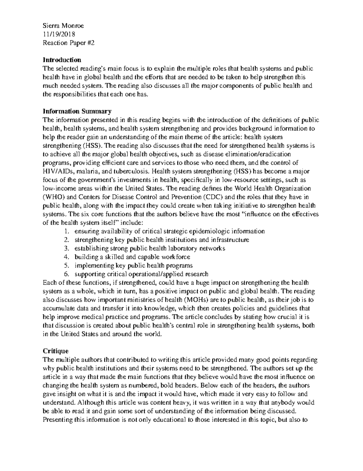 PHE 101 Reaction Paper #2 - Mandatory assignment for Public Health ...