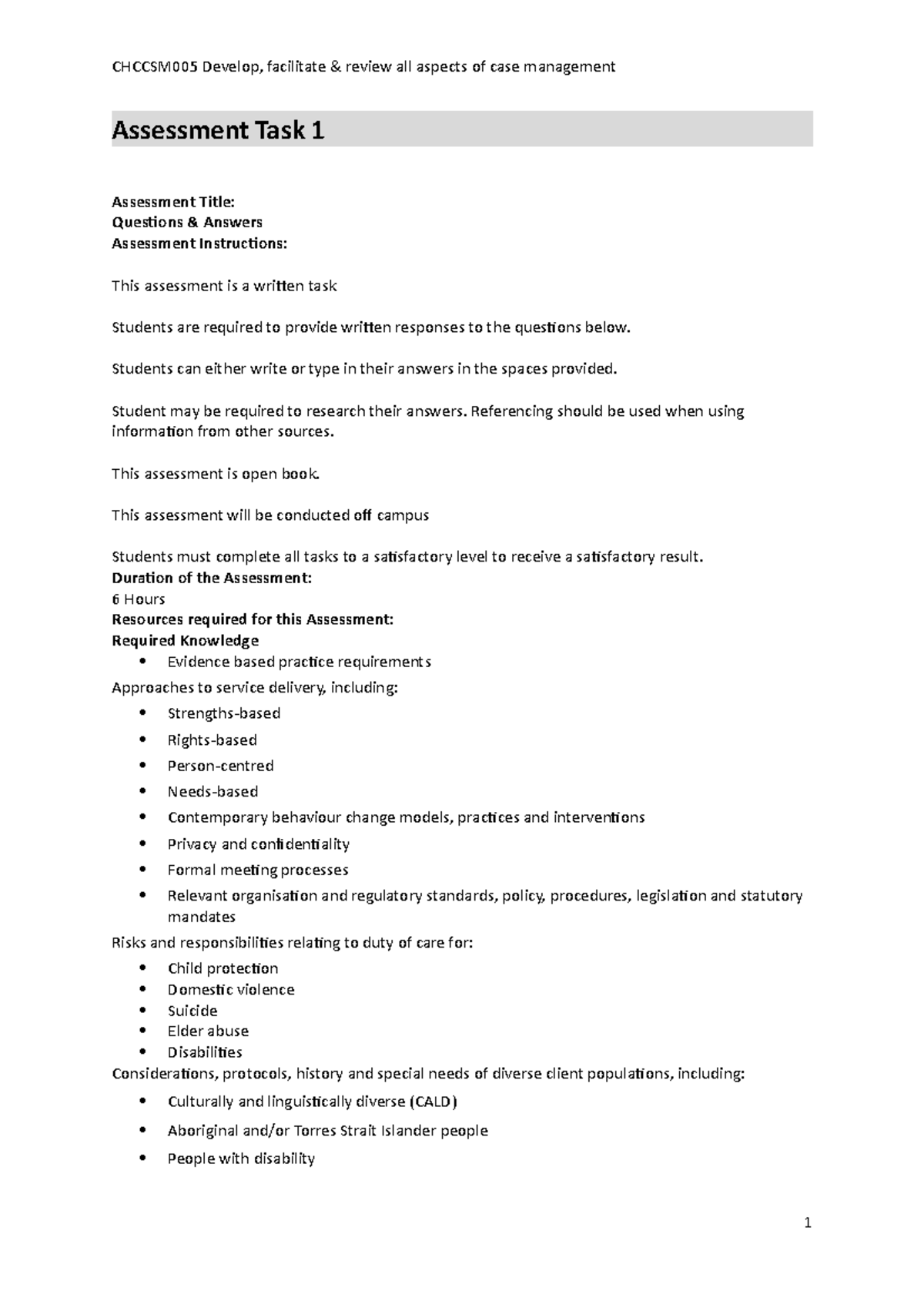 Assessment Task 1 - AT 1 - Assessment Task 1 Assessment Title: Questions & Answers Assessment ...