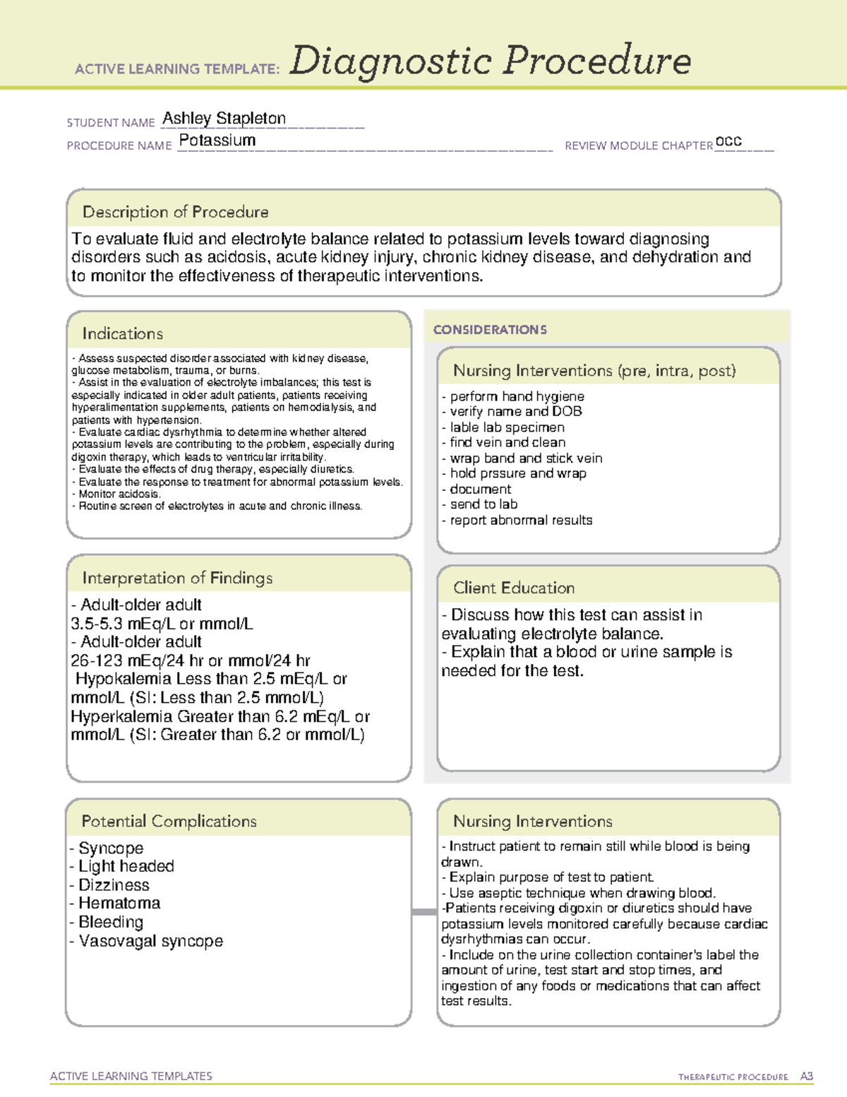 Potassium occ - lab - ACTIVE LEARNING TEMPLATES TherapeuTic procedure A ...