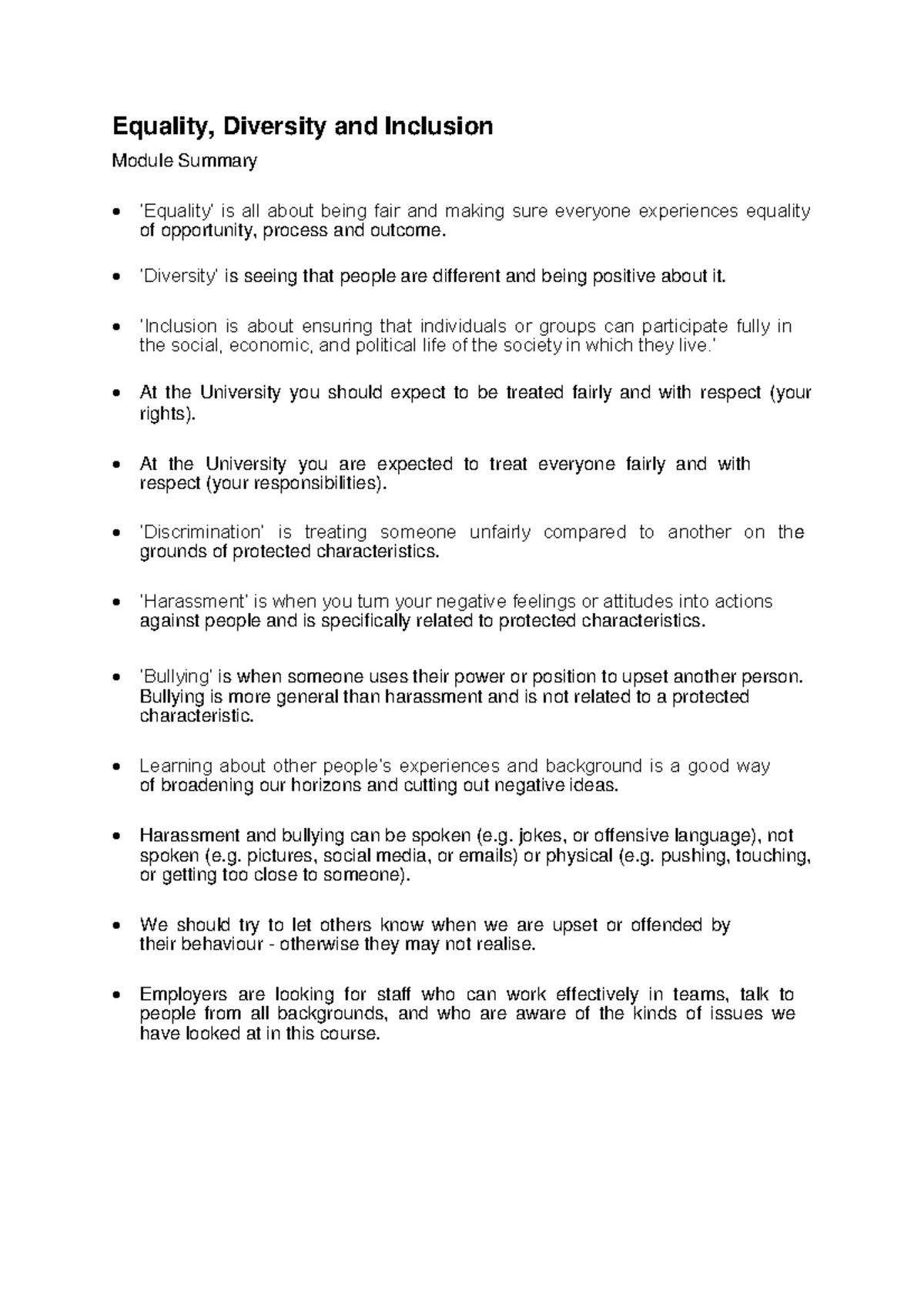 Module Summary - general info - Equality, Diversity and Inclusion ...