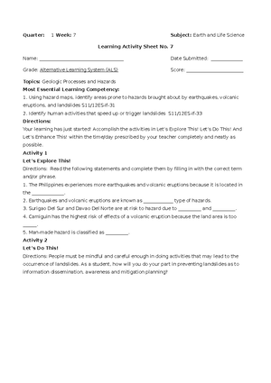 Learning Activity Sheet No. 1 ELS - Quarter: 1 Week: 1 Subject: Earth and Life Science Learning ...