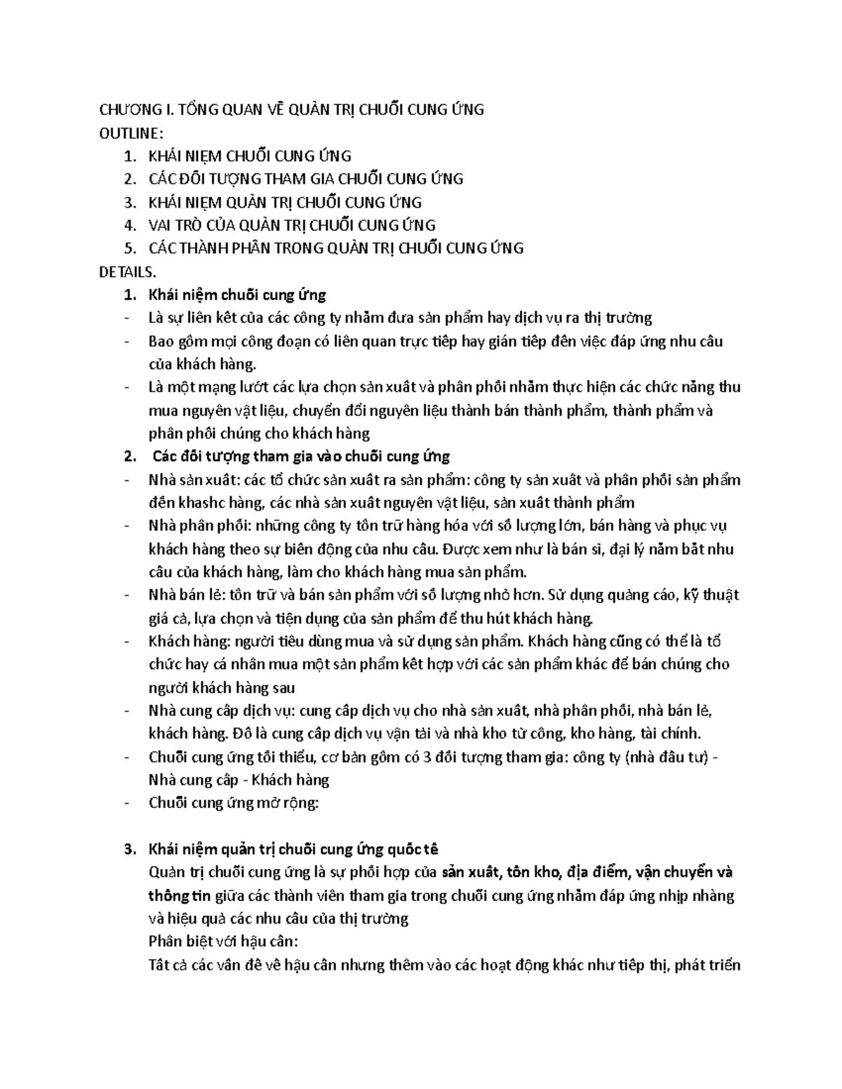 Lý thuyết chuỗi cung ứng - CH ƯƠNG I. T ỔNG QUAN VỀỀ QU N TR CHUỖỖI CUNG Ả Ị ỨNG OUTLINE: 1 ...