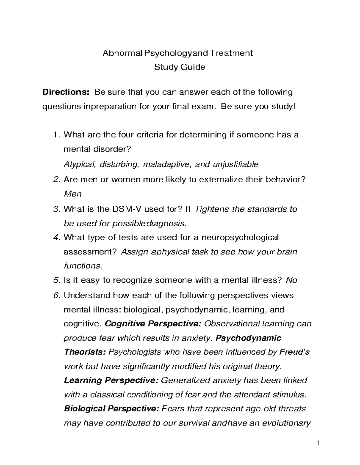 Abnormal Psychology and Treatment Study Guide - Abnormal Psychologyand ...