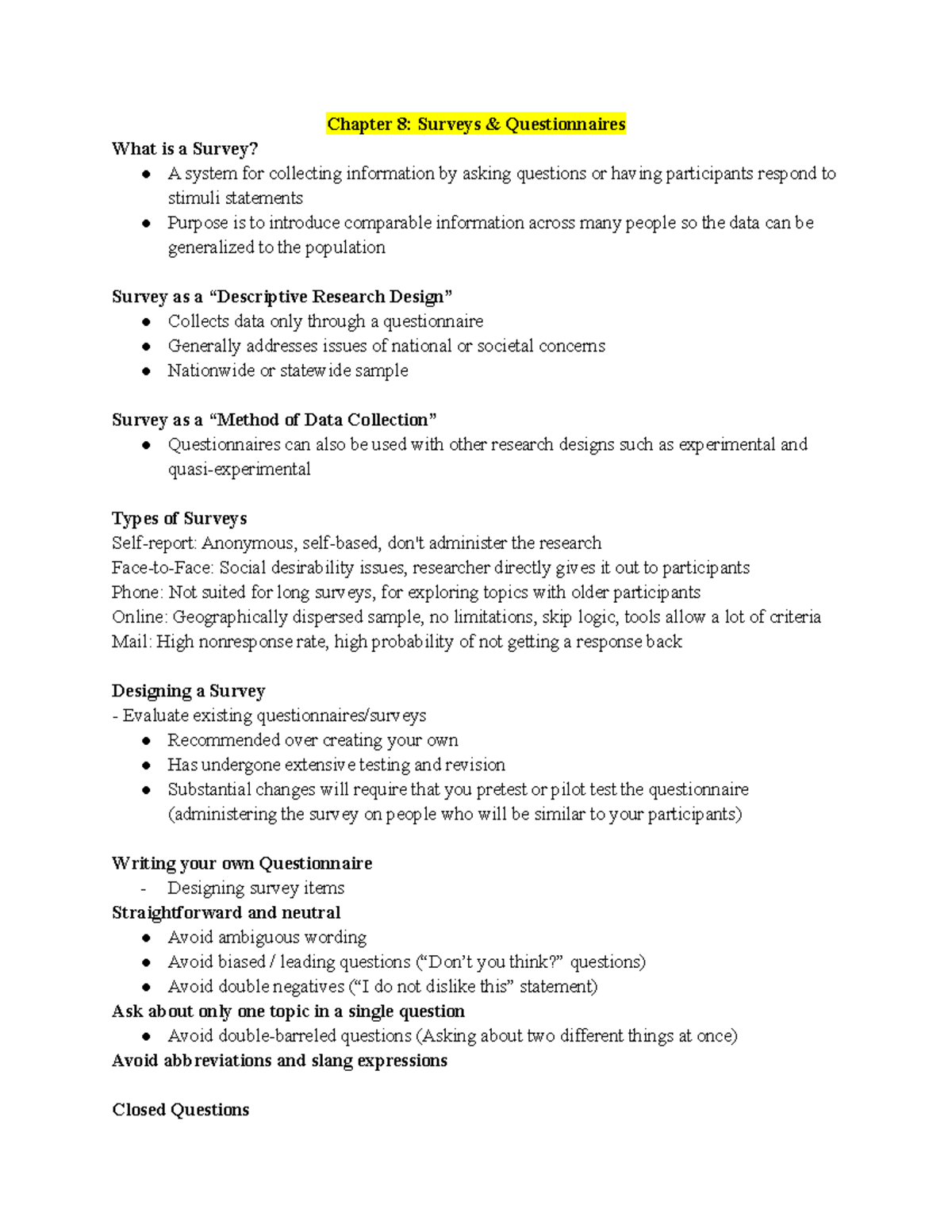 COMM351 Notes Part 2 - Chapter 8: Surveys & Questionnaires What is a ...