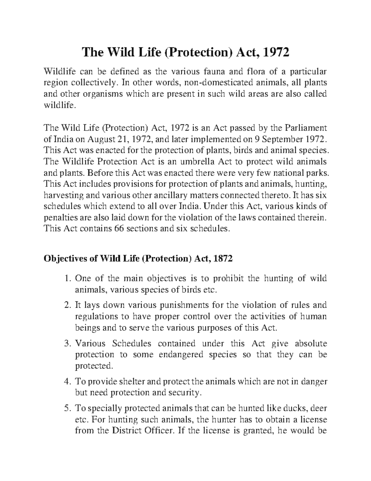 Enviromental law - Wildlife - The Wild Life (Protection) Act, 1972 ...