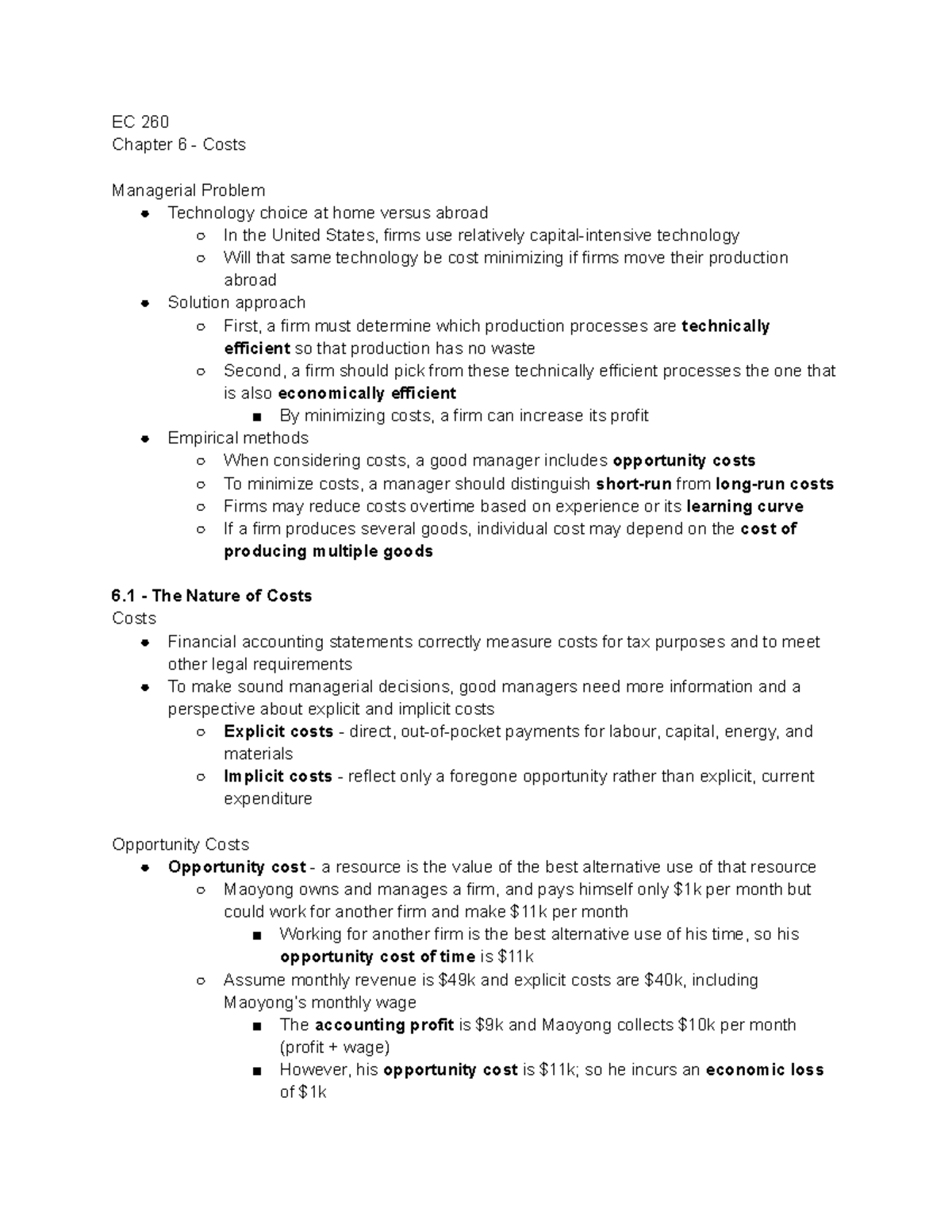 EC 260 - Chapter 6 Costs - Lecture notes - EC 260 Chapter 6 - Costs ...