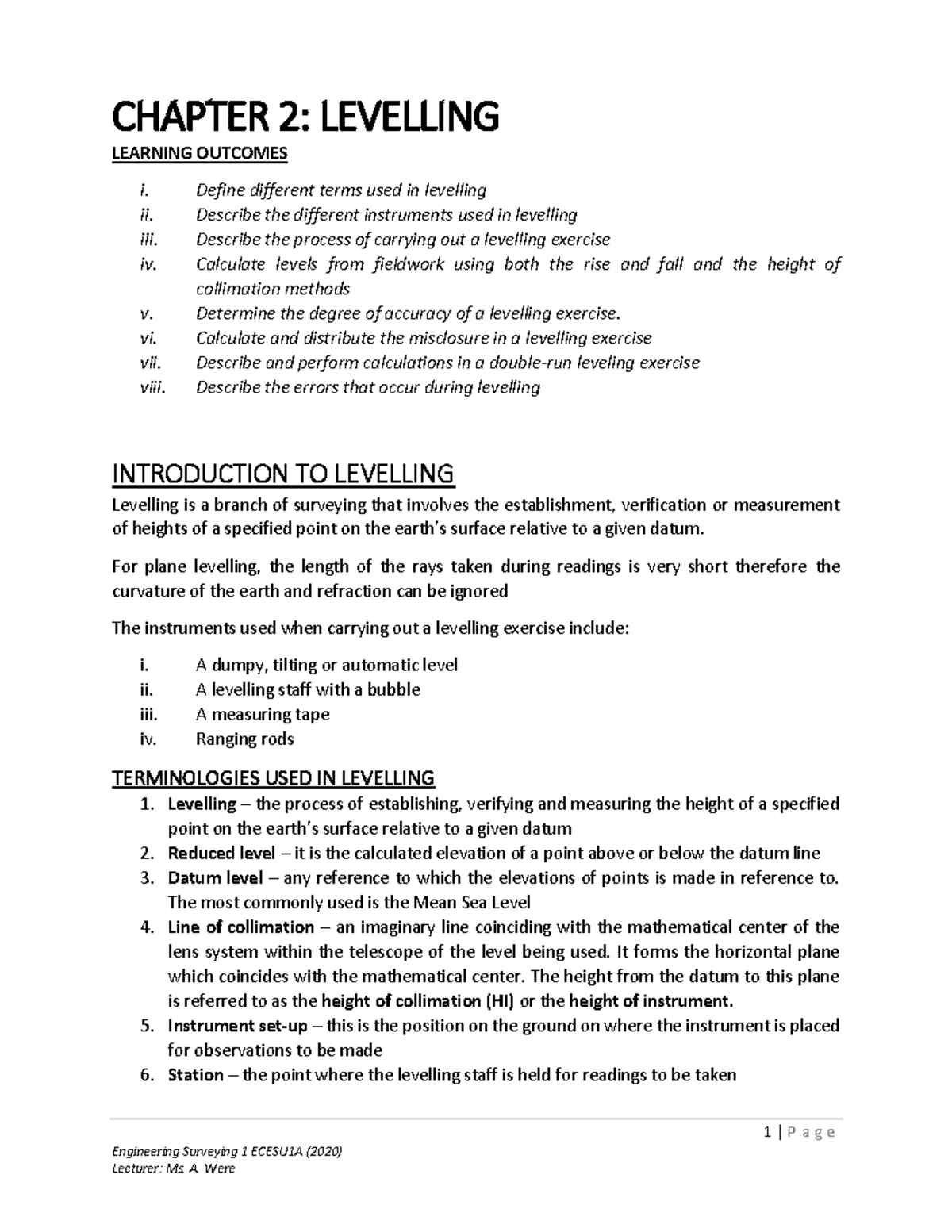 Chapter 2 - Levelling - 1 | P a g e Engineering Surveying 1 ECESU1A ...