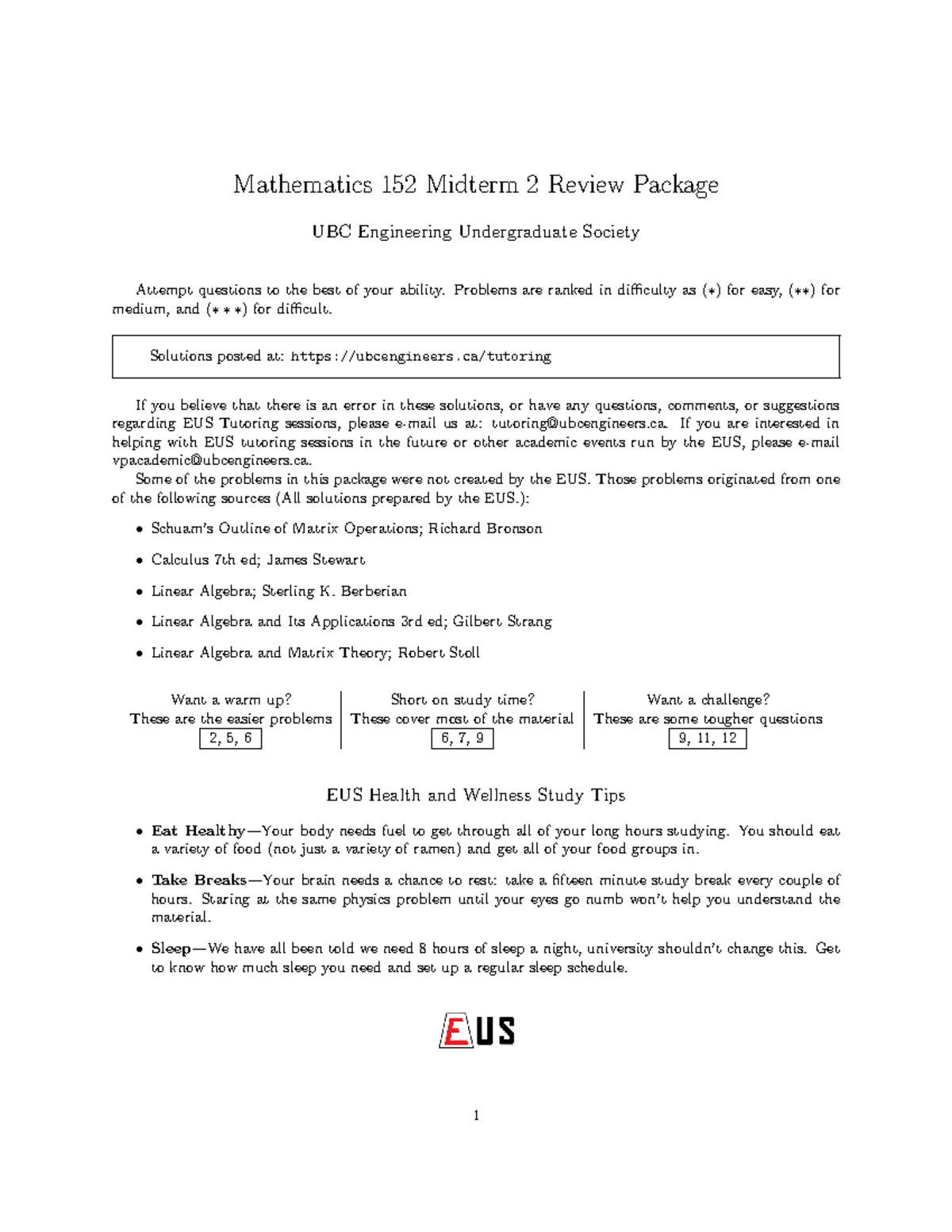 Exam, questions - Mathematics 152 Midterm 2 Review Package UBC ...