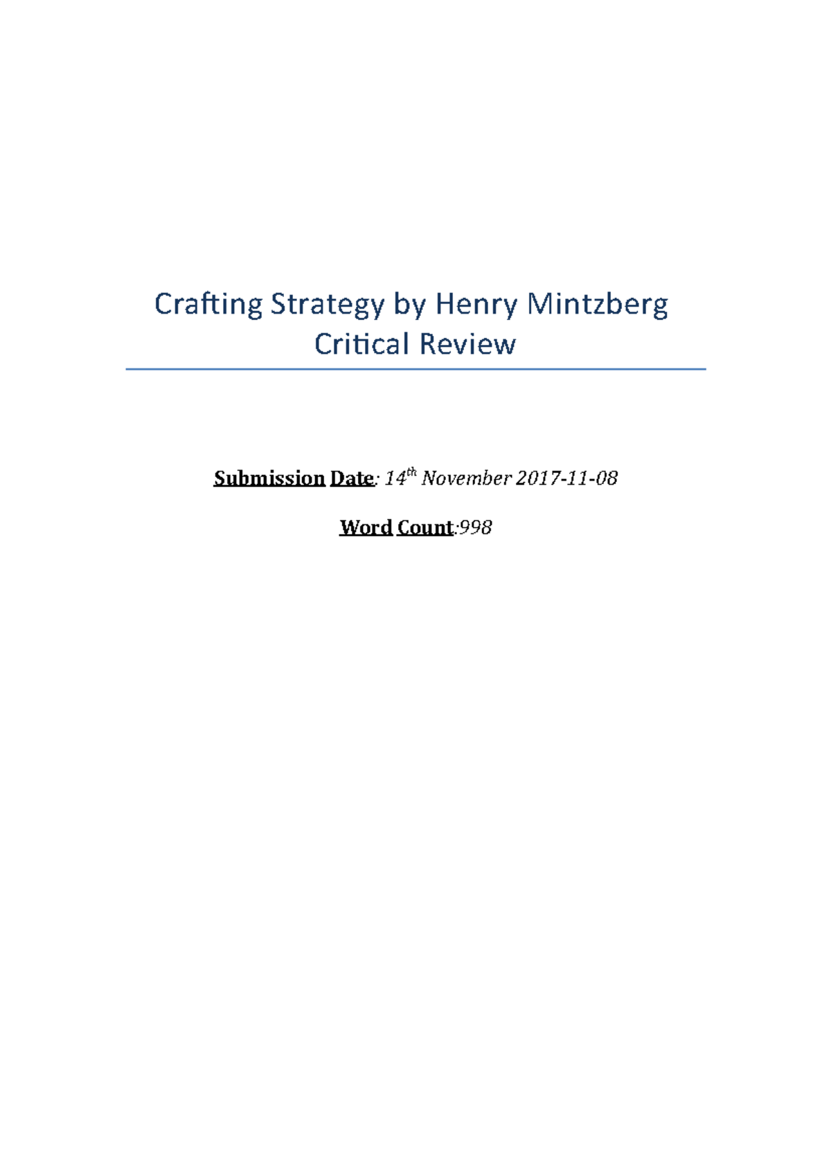 Individual Assignment Upload - Crafting Strategy by Henry Mintzberg ...