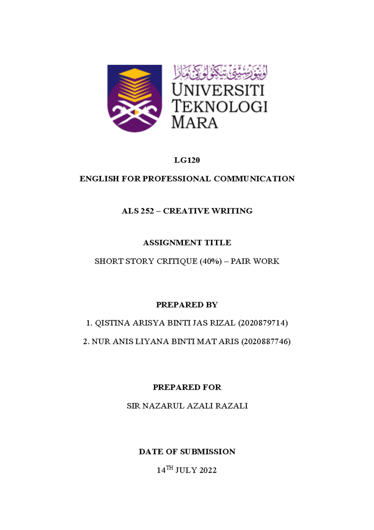 ALS 252 PAIR WORK Critique - LG ENGLISH FOR PROFESSIONAL COMMUNICATION ...