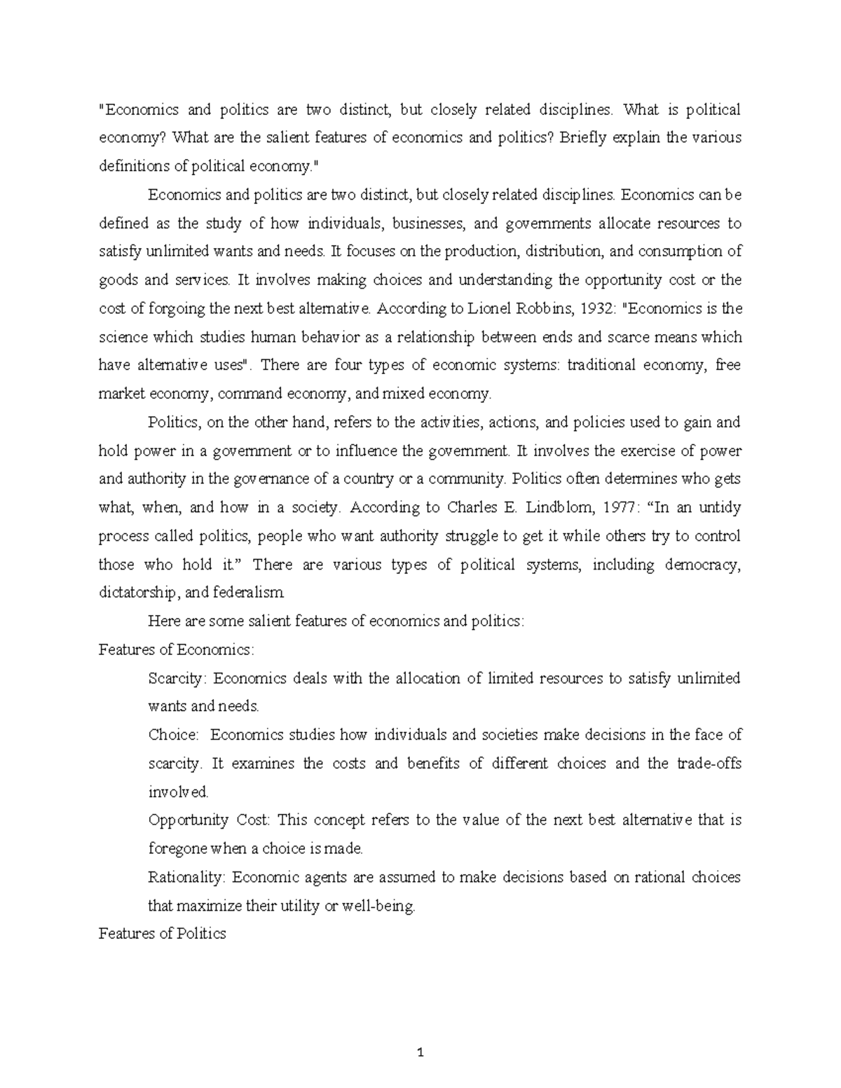 Public policy assignment - "Economics and politics are two distinct ...