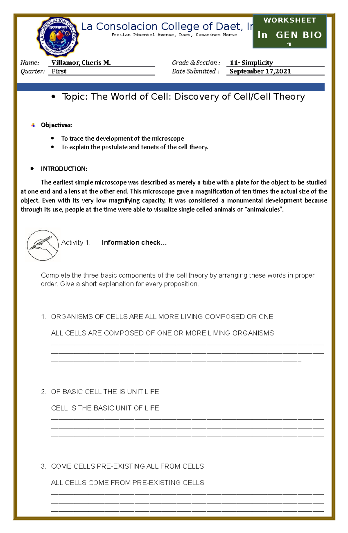 Laboratory Worksheet 1-The Discovery of Cell - La Consolacion College ...