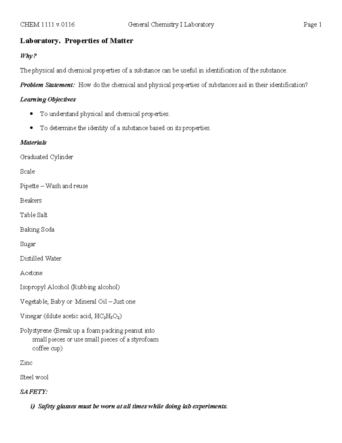 CHEM1111 - Chem - Laboratory. Properties of Matter Why? The physical ...