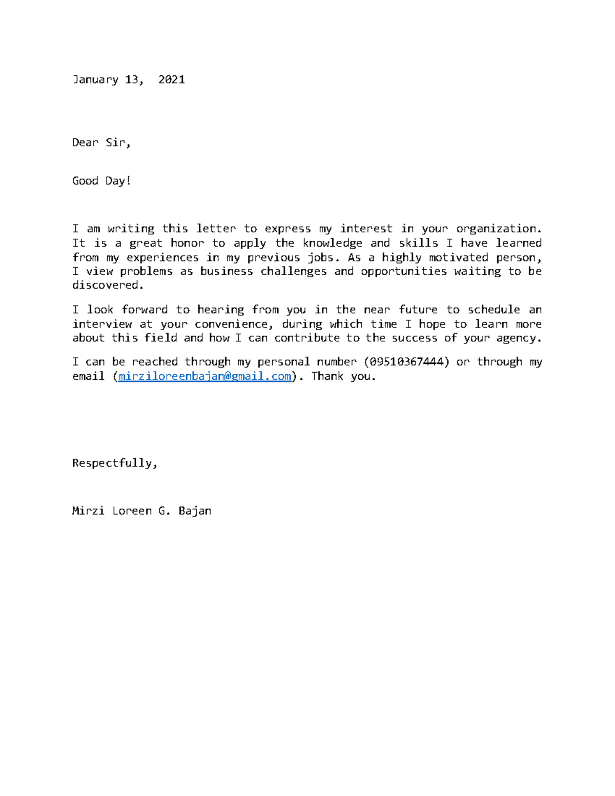 Mirzi Bajan Cover Letter January 13 2021 Dear Sir Good Day I Am