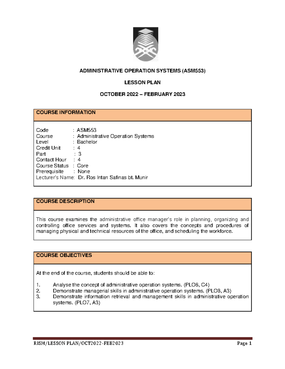 Lesson PLAN OCT 2022 - FEB 2023 Student - ADMINISTRATIVE OPERATION ...