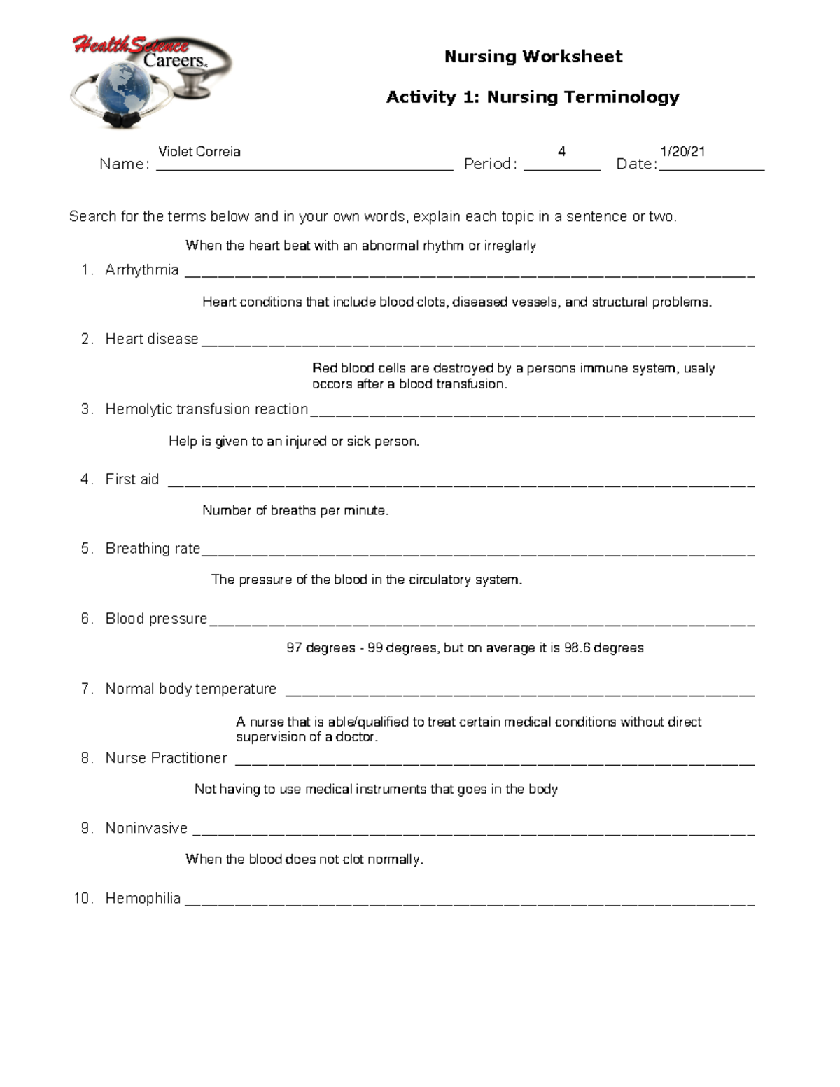 Nursing Terminology - Nursing Worksheet Activity 1: Nursing Terminology ...