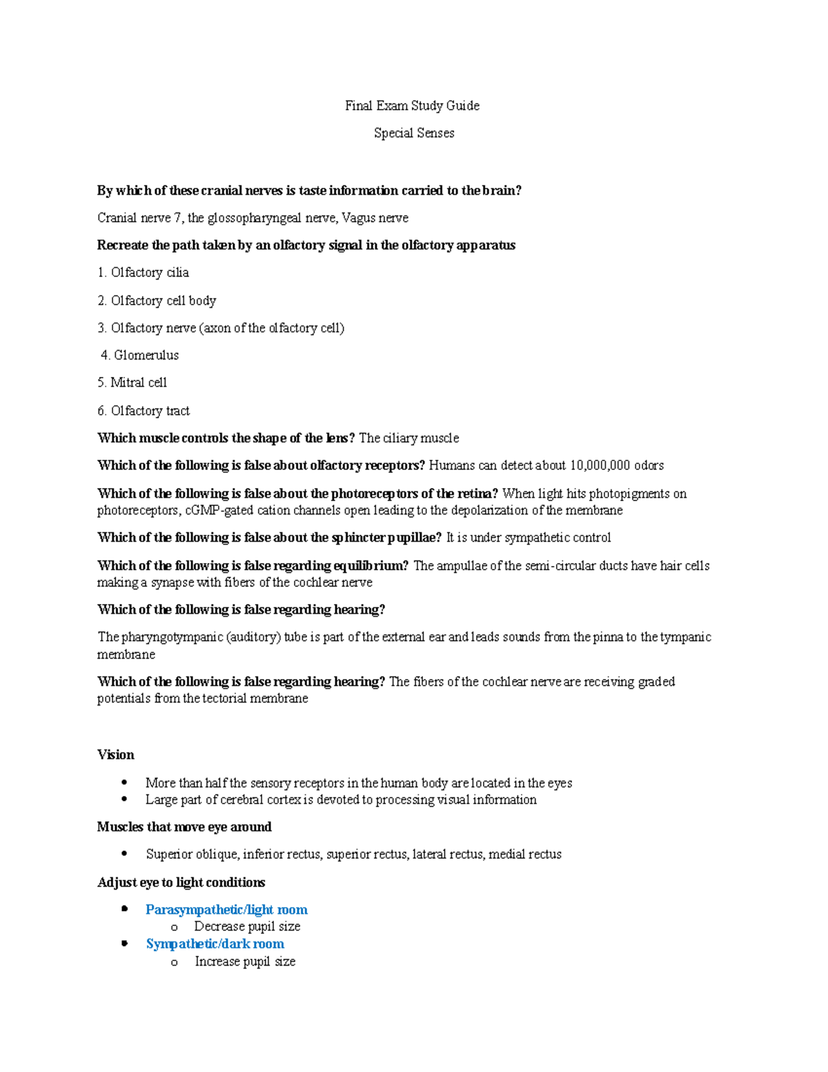 Final Exam Study Guide - Final Exam Study Guide Special Senses By which ...