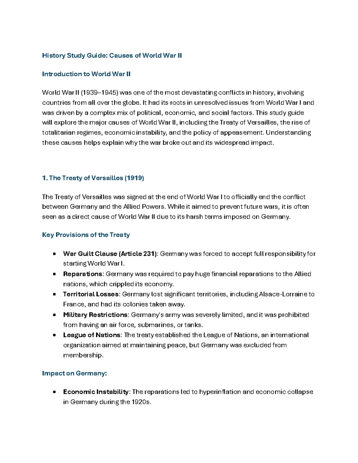 History Study Guide - Causes of World War II - History Study Guide: Causes of World War II - Studocu
