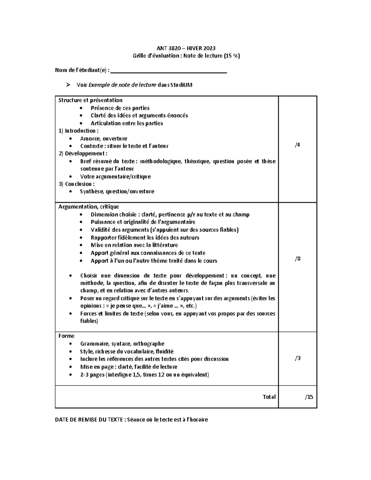 ANT3820. Grille dévaluation Note de lecture 2023 - ANT 3820 – HIVER ...