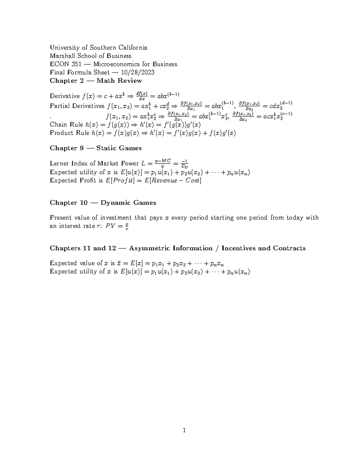 Formula Sheet Final - University of Southern California Marshall School ...