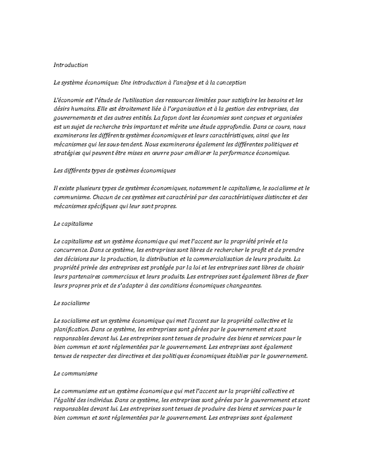Economic Systems Design Study Notes - Introduction Le système ...