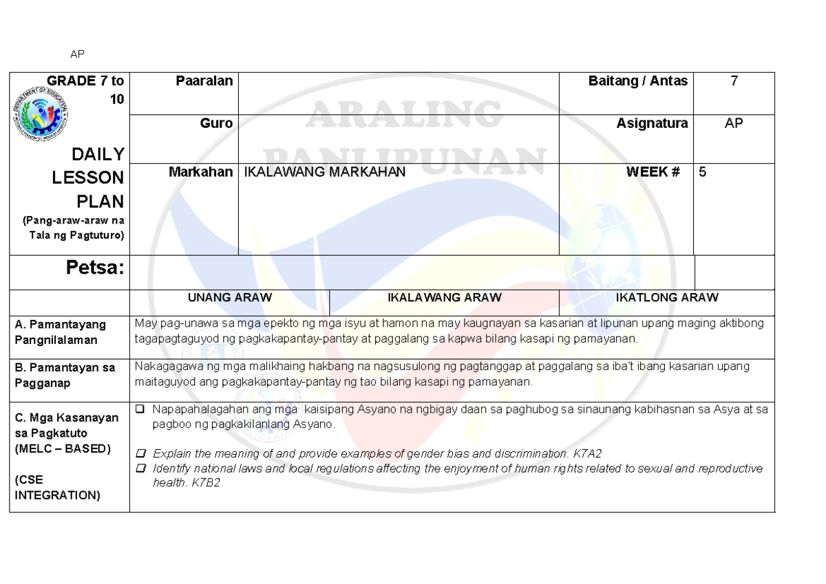 AP7-DLP-Q2-Week 5 - DAILY LESSON LOG - AP GRADE 7 to 10 DAILY LESSON ...