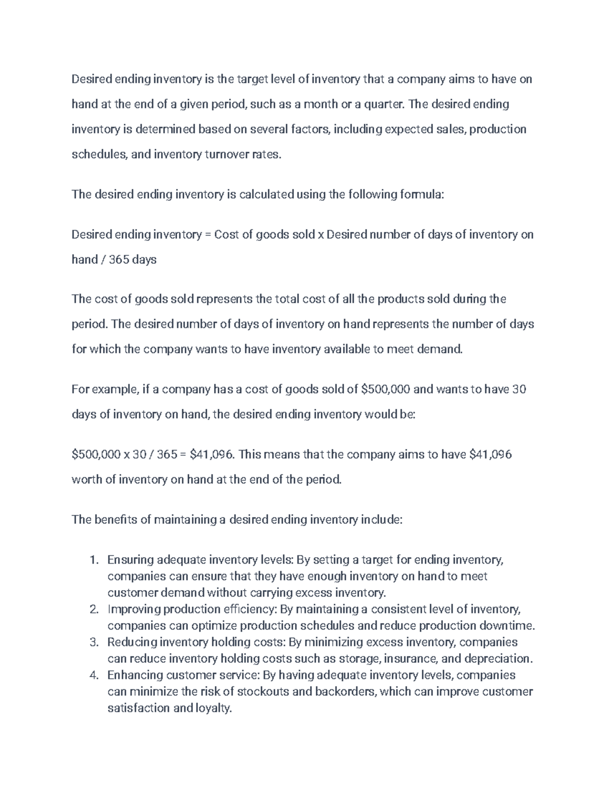 Desired inventory ending notes - Desired ending inventory is the target ...