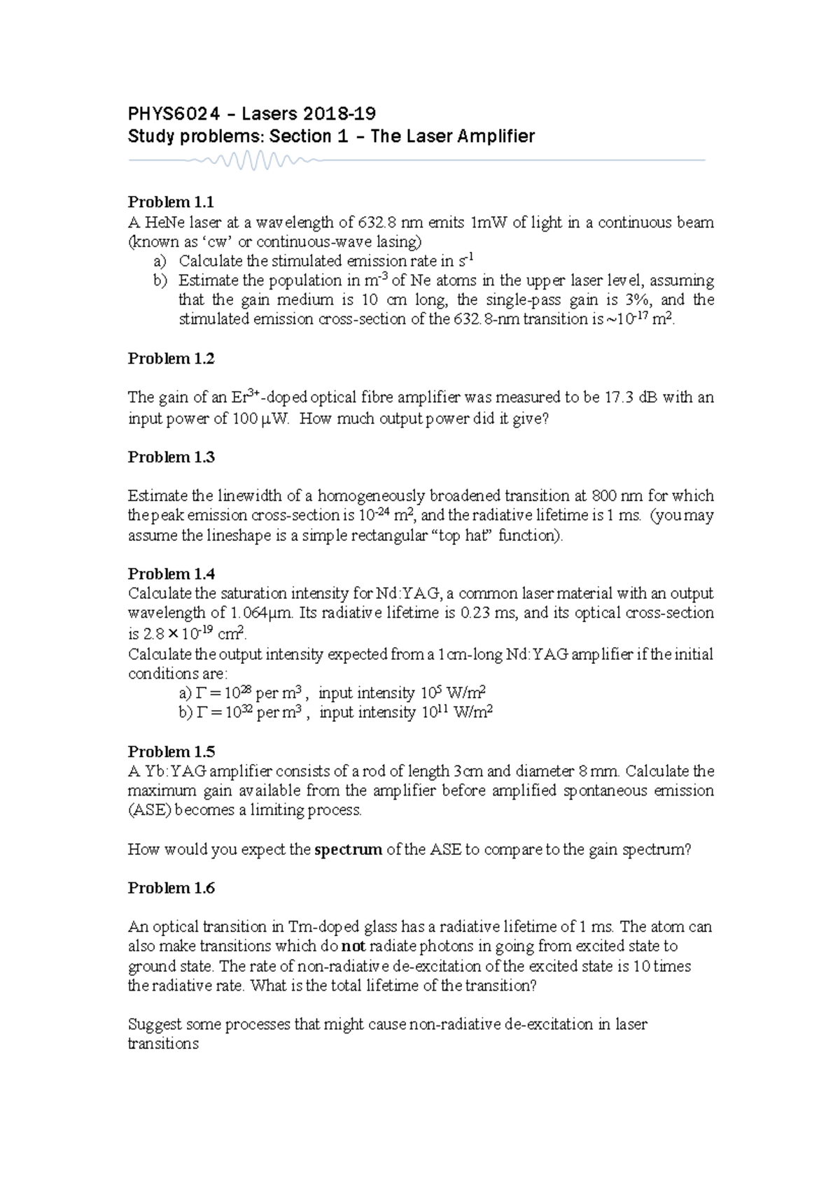 PS1 - the laser amplifier 1819 - PHYS6024 Lasers Study problems ...