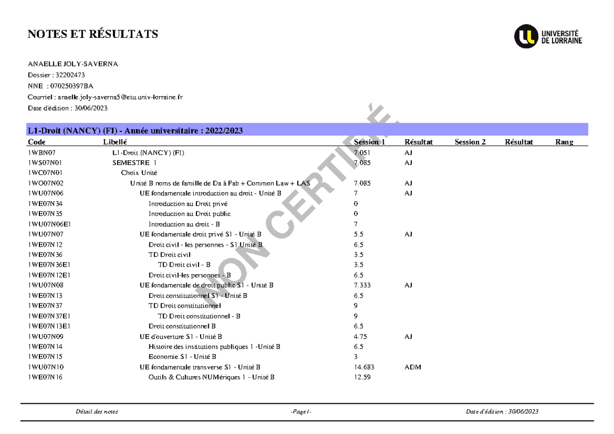 Détails des Notes Anaelle JOLY- Saverna-1 - NON CERTIFIÉ Détail des ...