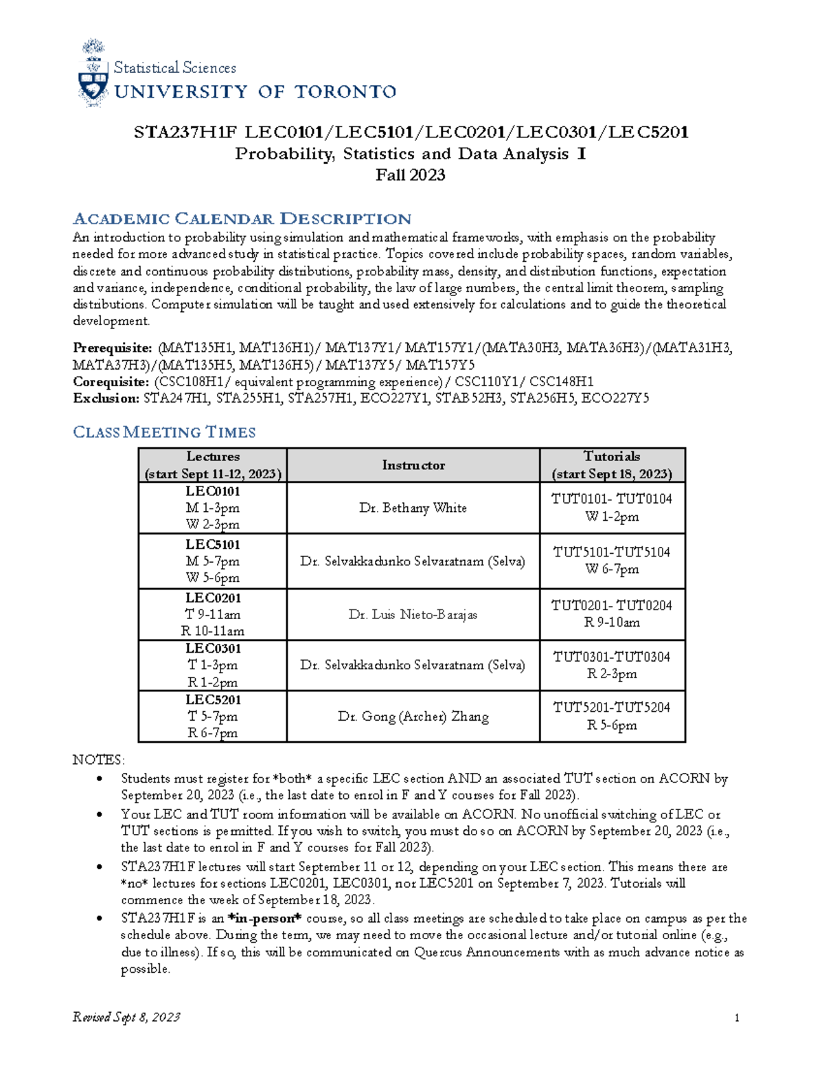 STA237H1 Fall 2023 Syllabus - STA237H1F LEC0101/LEC5101/LEC0201/LEC0301 ...
