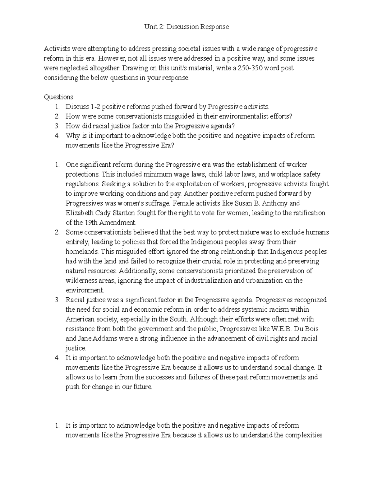 Unit 6 Discussion Response - Unit 2: Discussion Response Activists were ...