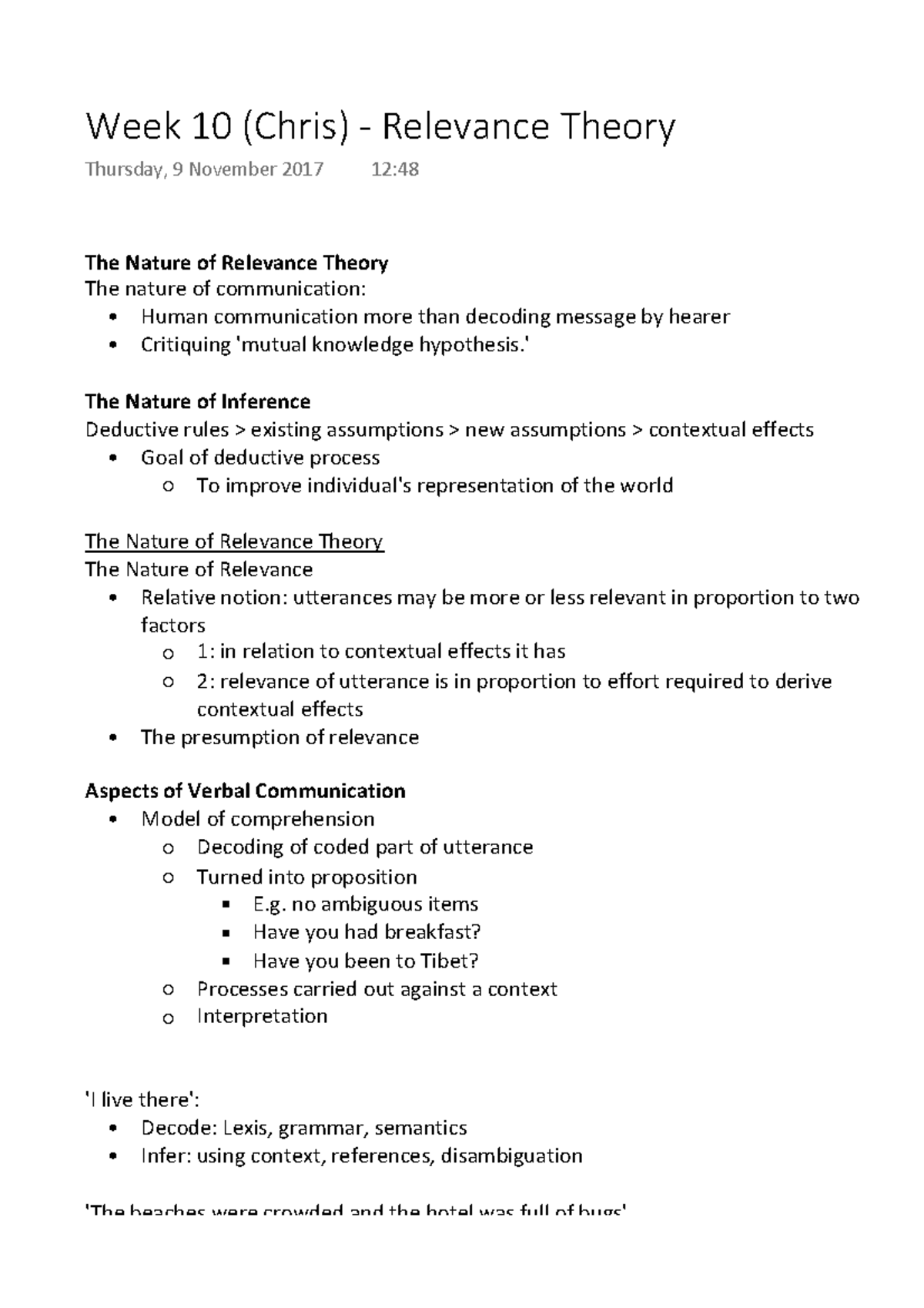 Week 10 - Relevance Theory - Week 10 (Chris) Relevance Theory Thursday ...