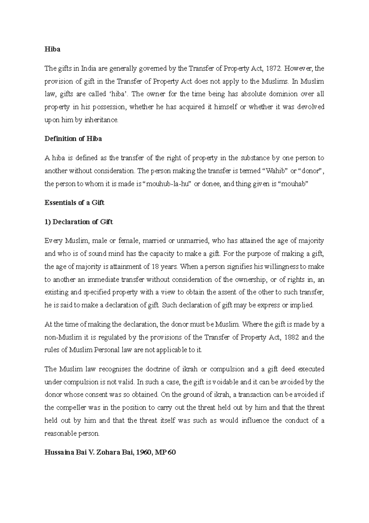 Hiba - Muslim Law - Hiba The gifts in India are generally governed by ...